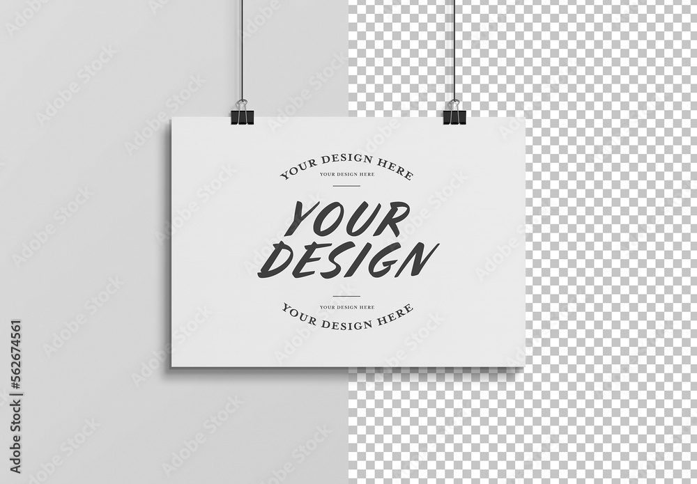 White Horizontal Poster Hanging with Clips on a White Wall Mockup Stock ...