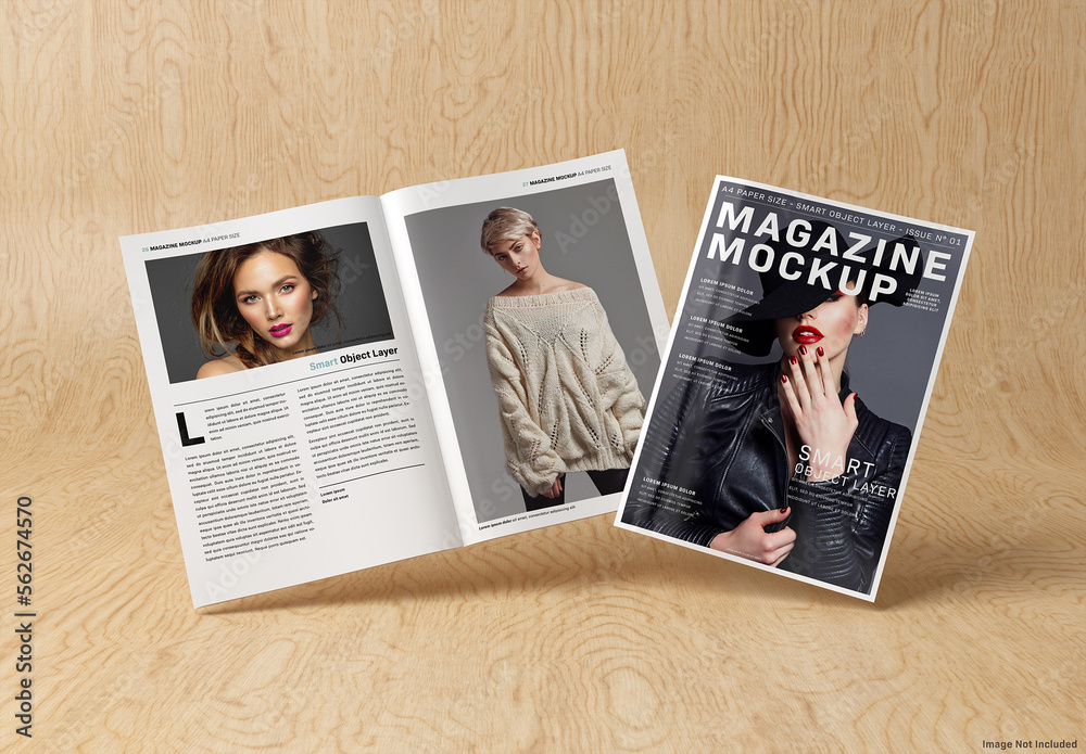 Magazine Cover and Open Magazine Mockup on wooden Background Stock ...