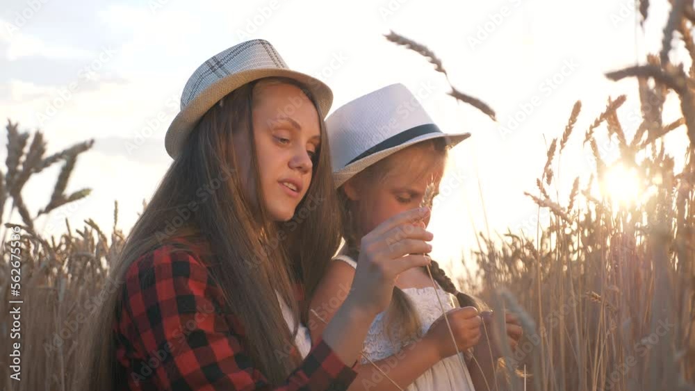 Rural children in a wheat field at sunset. Happy family is working in a ...