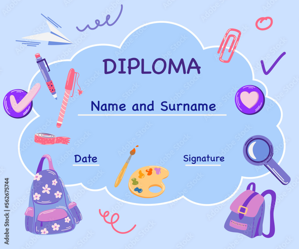Kindergarten diploma. Colorful school and preschool diploma certificate ...