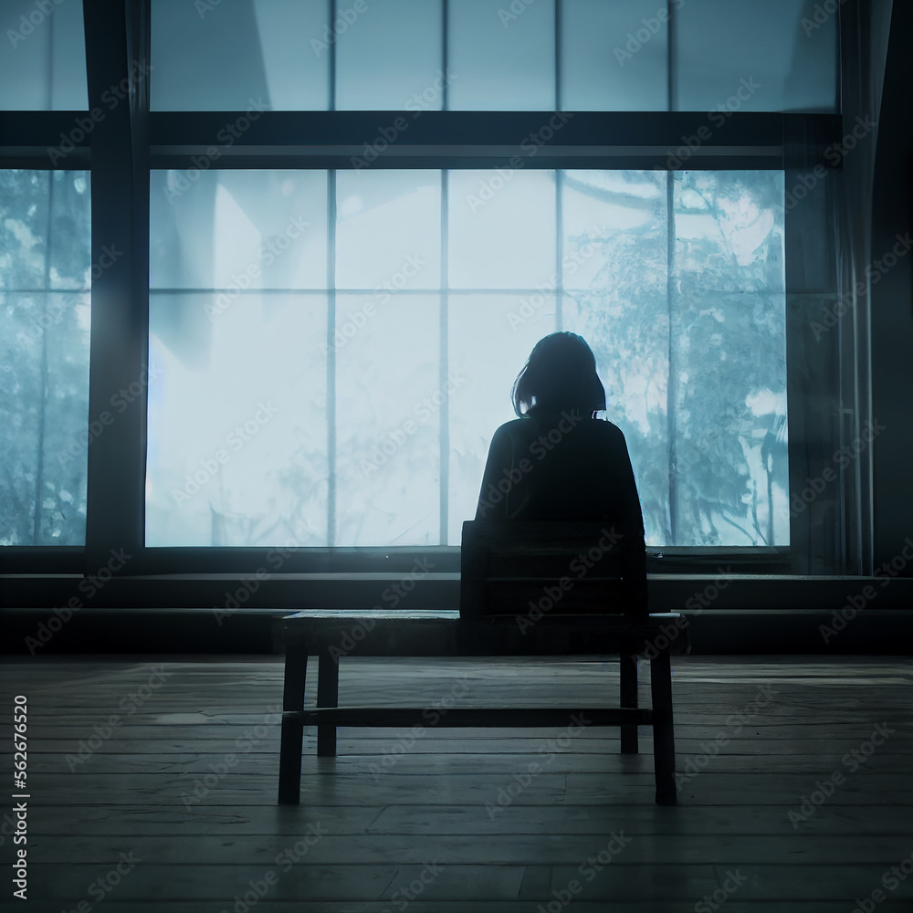 Depressed girl concept before a big window unable to feel postiive ...