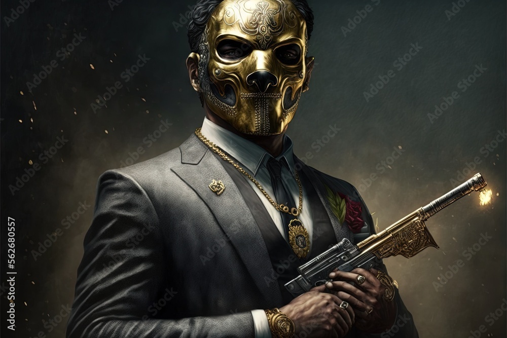King of narcos wearing gold mask illustration generative ai Stock ...