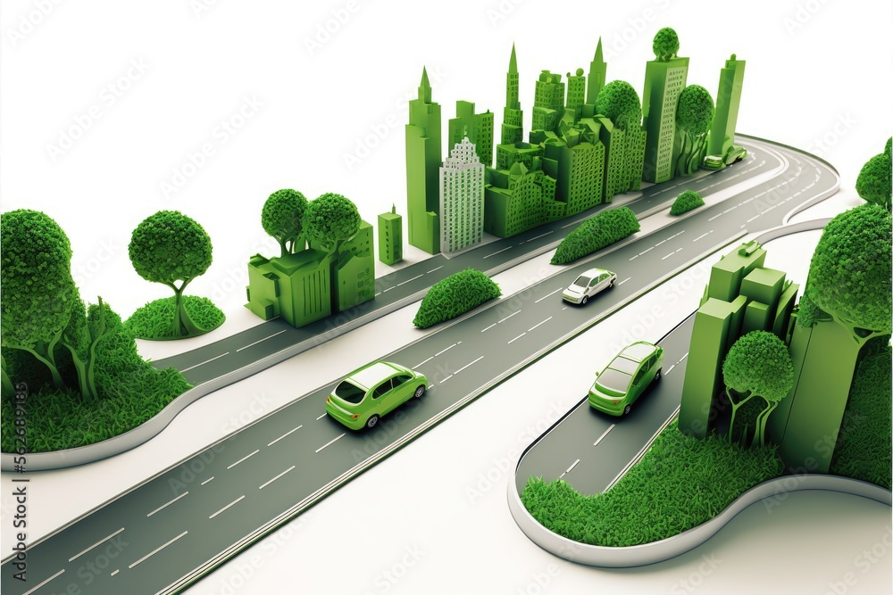 Modern green sustainable highway with green paint on a white clean ...
