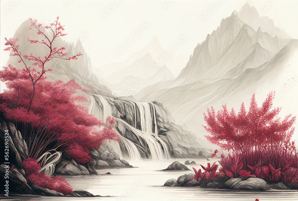 Beautiful Japanese art, red flowers in foreground, heavy mist around ...