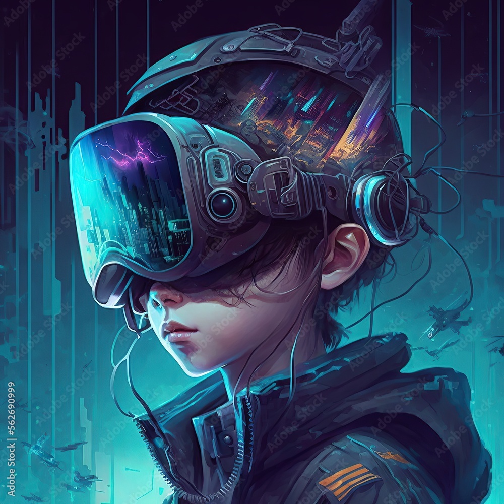 Concept art of a futuristic boy connected to the metaverse, oculus ...
