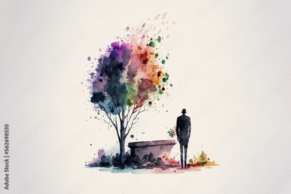 Funeral Grave with Mourning Person - Watercolour (Generative AI Art ...