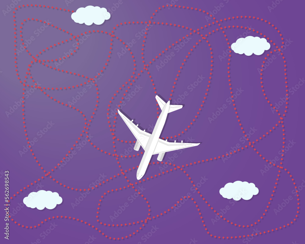 Passenger plane with red route dotted lines, purple background, clouds ...
