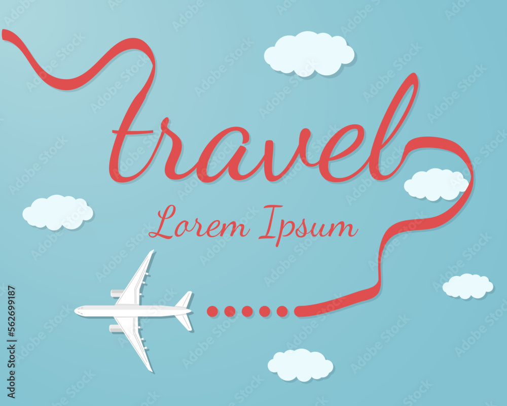 Travel text with route dotted line, passenger plane and clouds with ...