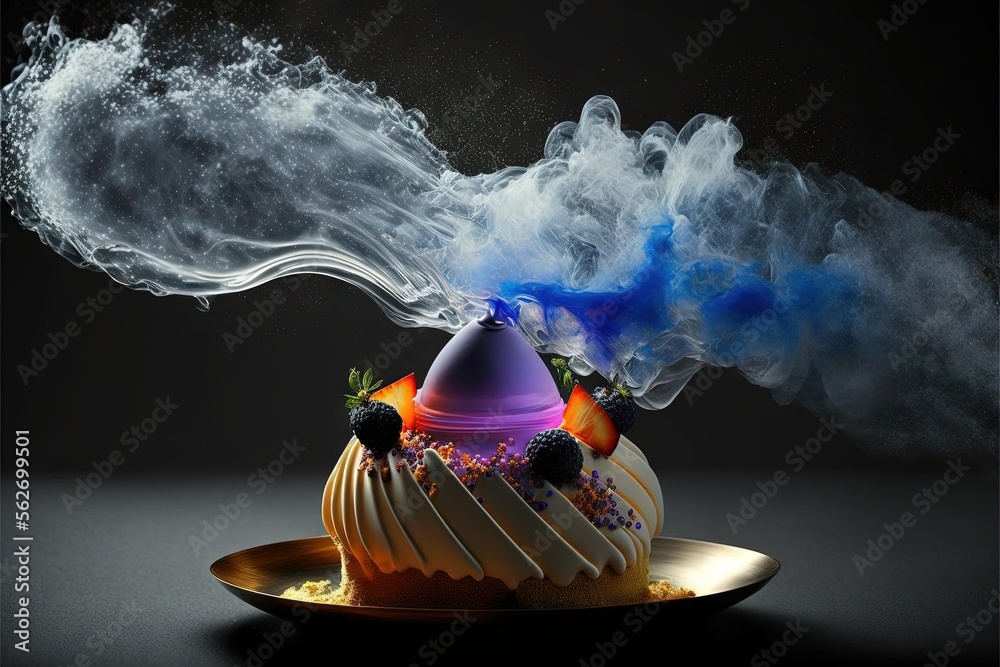 a cake with smoke coming out of it on a plate with a black background ...