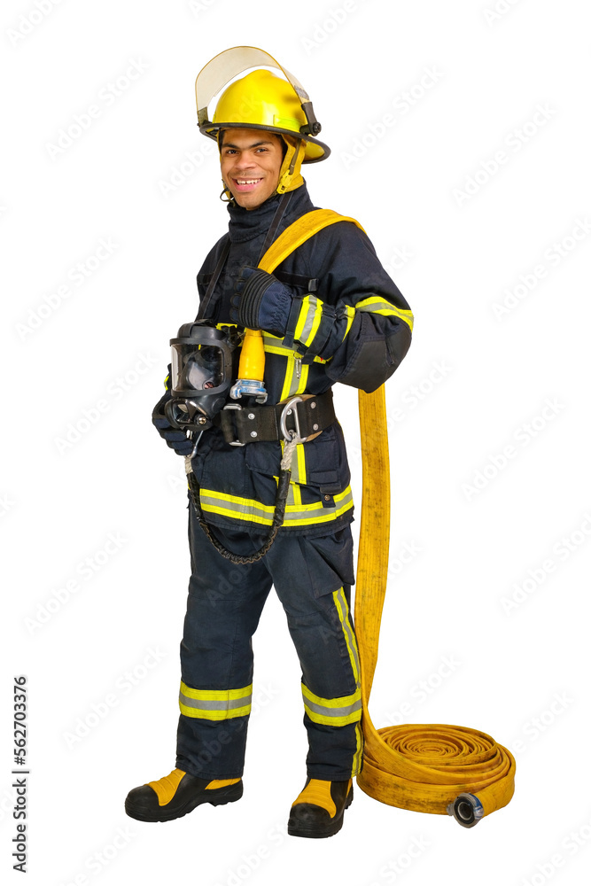 Full body young smiling African American fireman in uniform and helmet ...