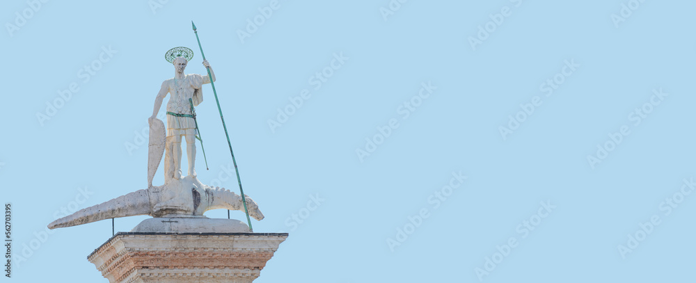 Banner with original ancient top tower sculpture of symbol of Venice ...