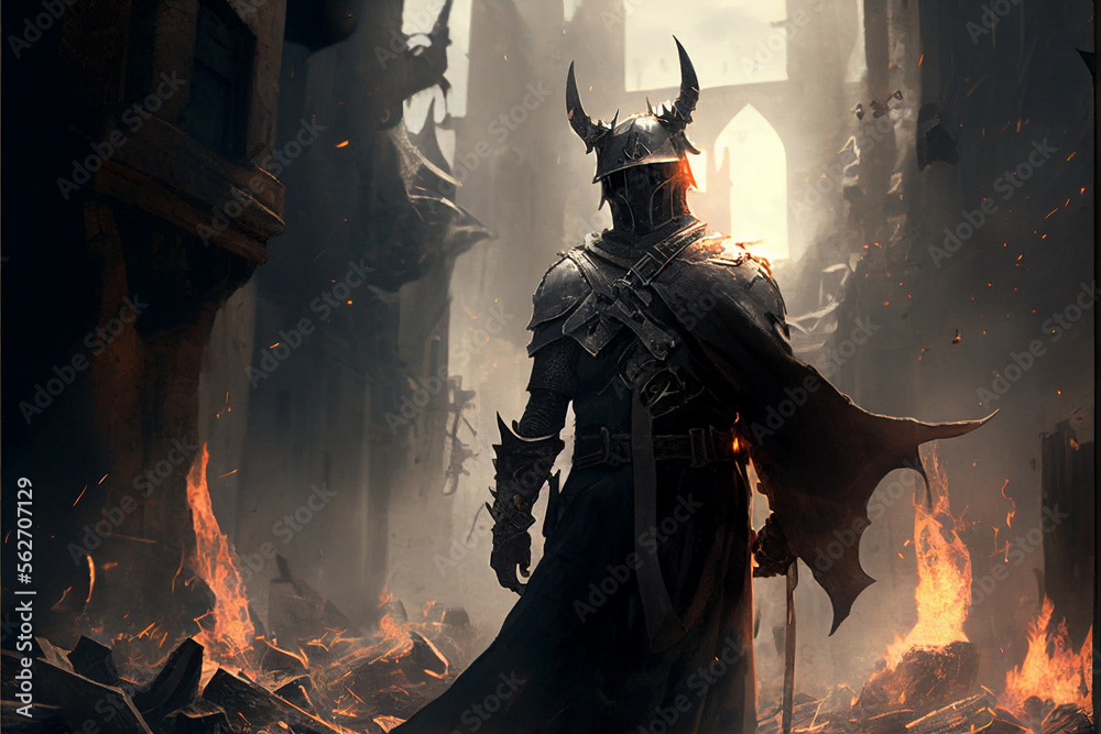 Evil knight in a horned helmet slowly walks with a curved sword through ...