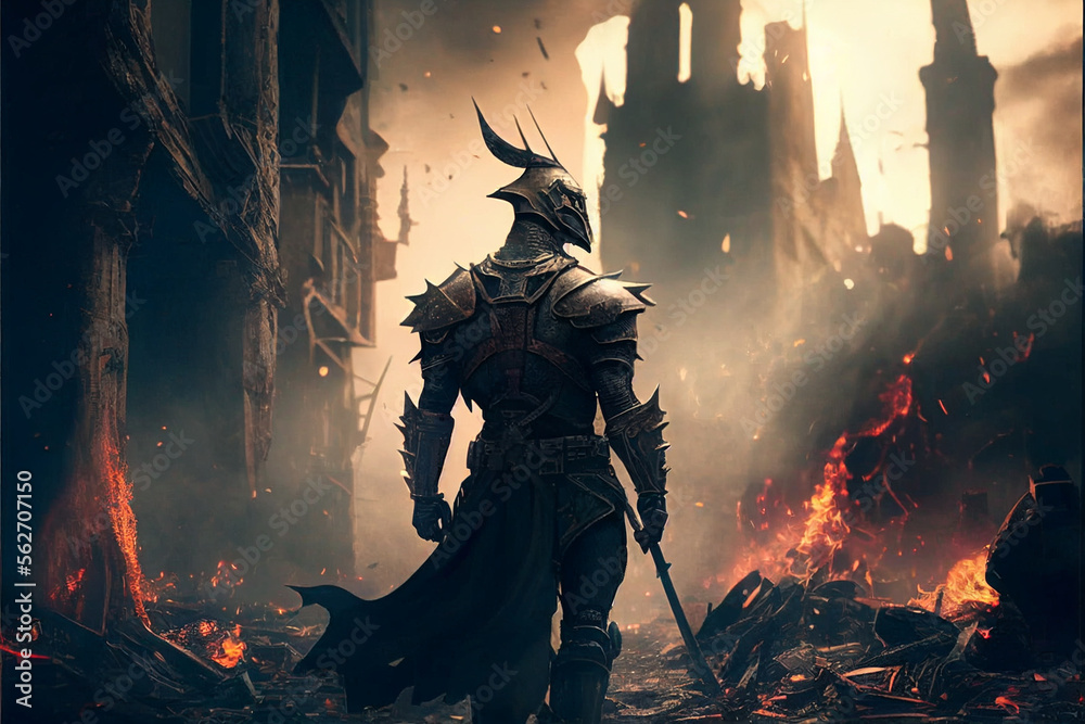 Evil knight in a horned helmet slowly walks with a curved sword through ...