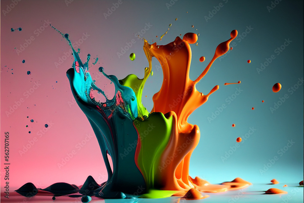 Explosion of colorful bright paint drips, pink, blue, yellow, red and ...