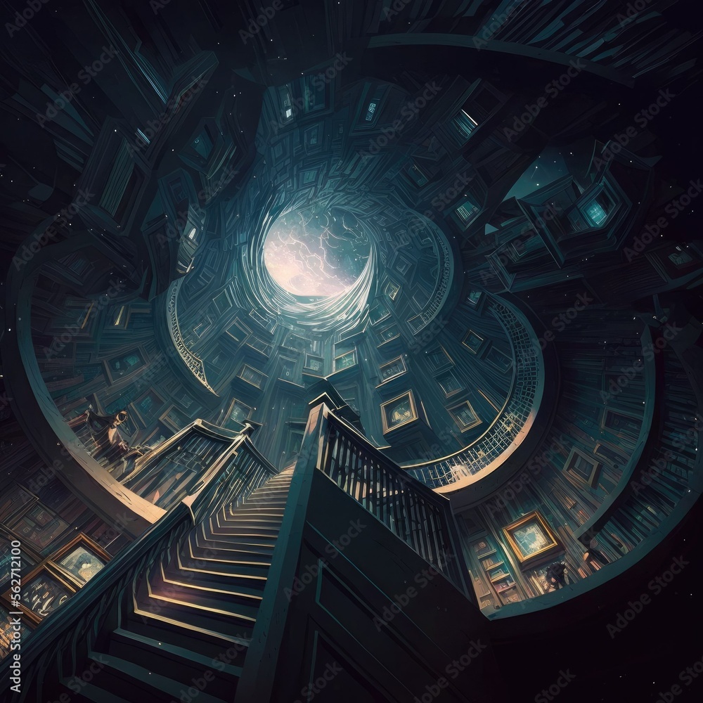 PARTY: staring up into the infinite maelstrom library, endless books ...