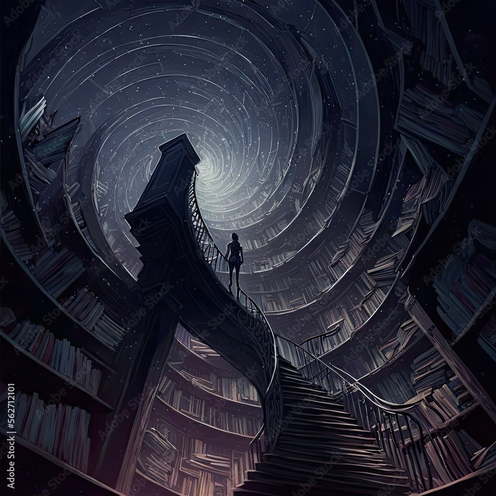 PARTY: staring up into the infinite maelstrom library, endless books ...