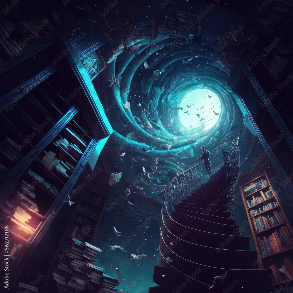 PARTY: staring up into the infinite maelstrom library, endless books ...