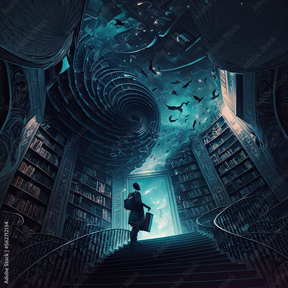 PARTY: staring up into the infinite maelstrom library, endless books ...