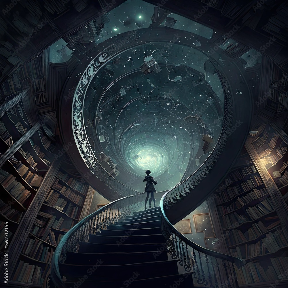 PARTY: staring up into the infinite maelstrom library, endless books ...