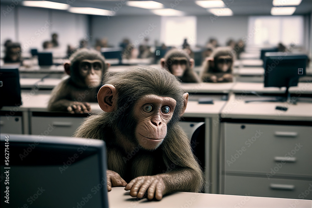 Monkeys working in office. Funny employees working in office at ...