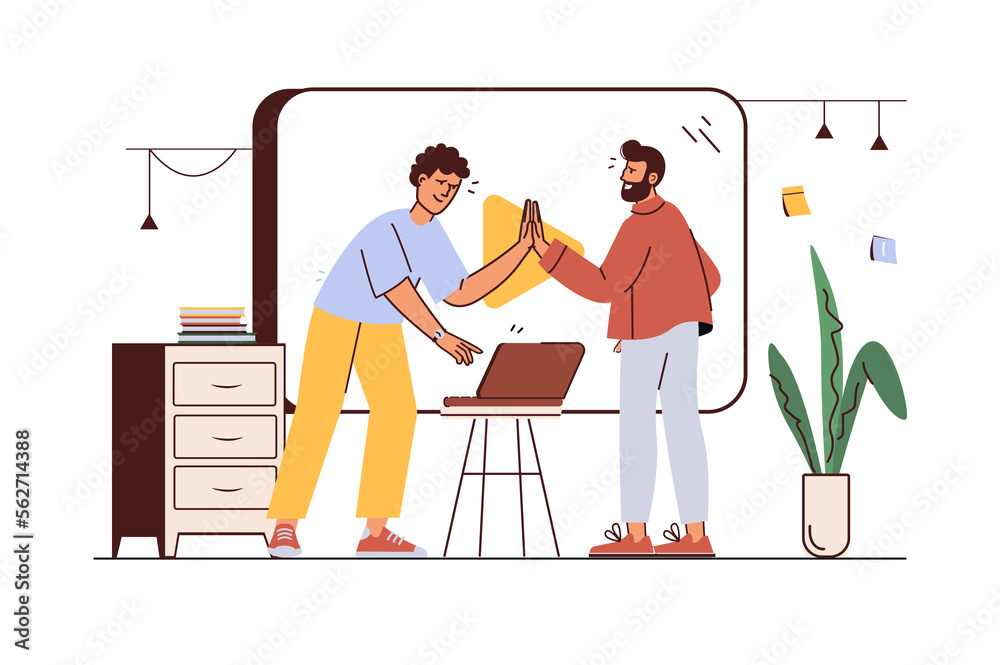 Teamwork concept with people scene in flat cartoon style. Men have ...