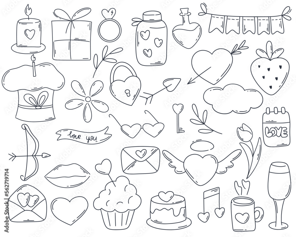 Valentines day doodle set isolated on white background. Clip art cute ...