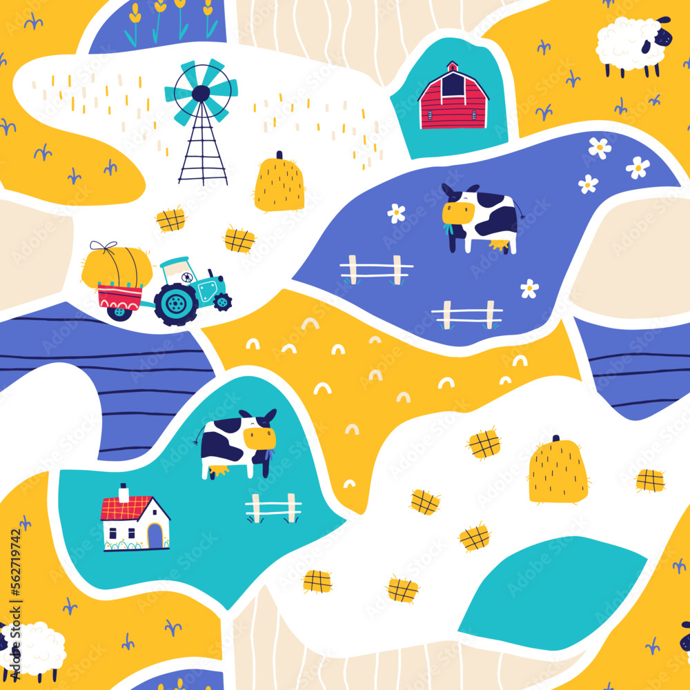 Farm map seamless pattern. Vector hand-drawn road with funny characters ...