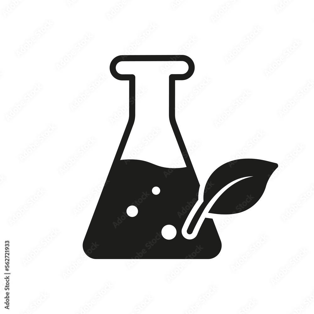 Glass Flask with Leaf Plant Silhouette Icon. Science Chemistry Natural ...
