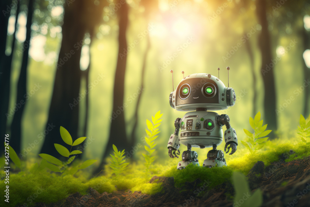 Cute little robot in the jungle with bokeh nature sunlight background ...