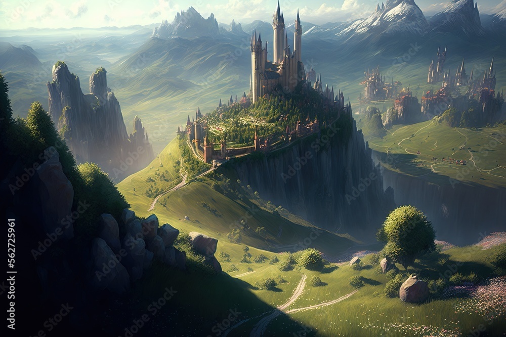 Kingdom landscape and rolling green hills. digital art. illustration ...