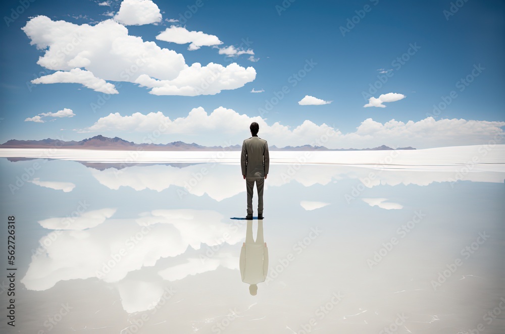 illustration of a person stand still on beautiful landscape of wide ...