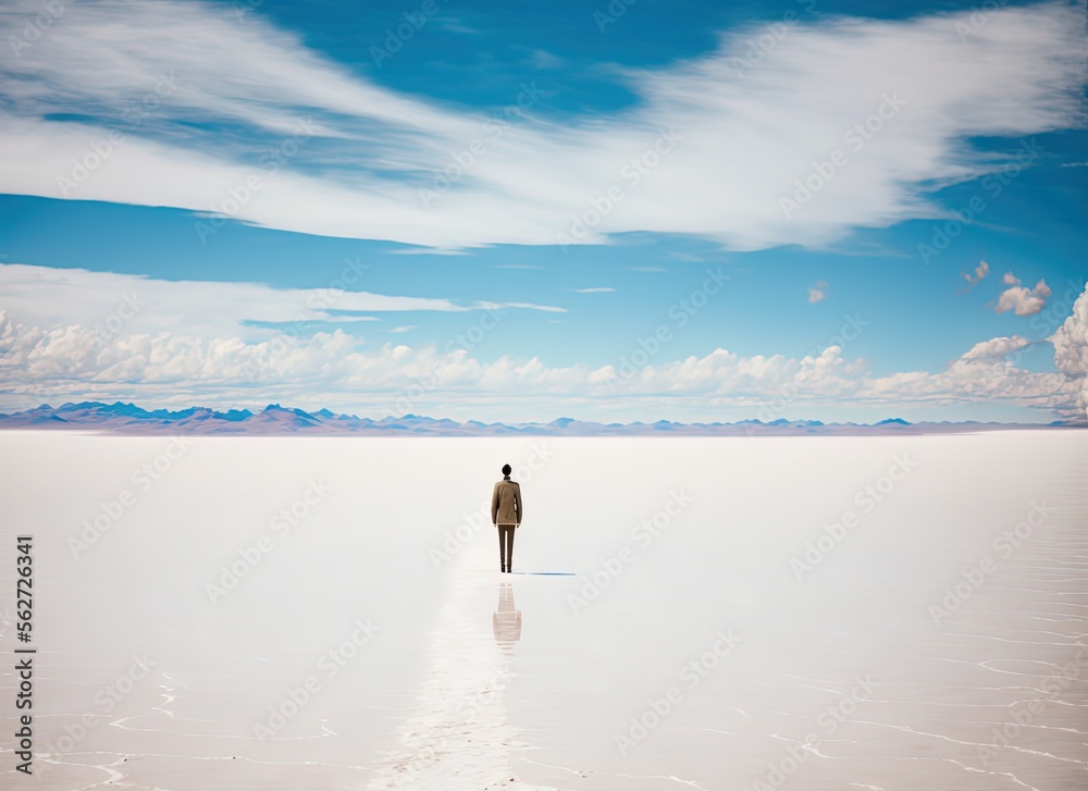 illustration of a person stand still on beautiful landscape of wide ...