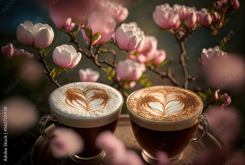 Artistic beautiful romance two cups of latte coffee or chocolate serve ...
