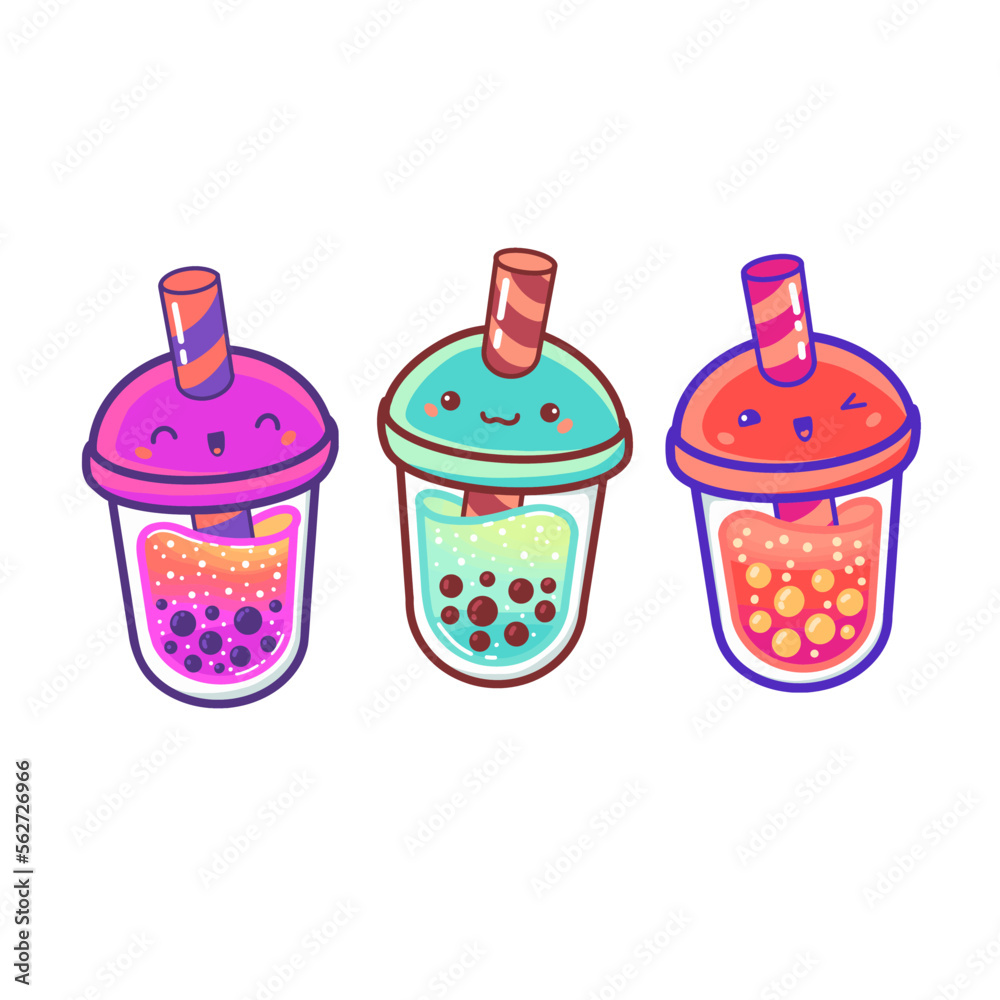 Cute glass characters with boba tea, vector hand drawn illustrations ...