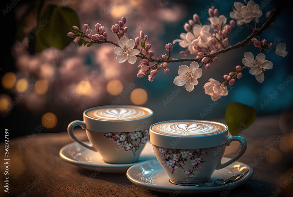 Artistic beautiful romance two cups of latte coffee or chocolate serve ...