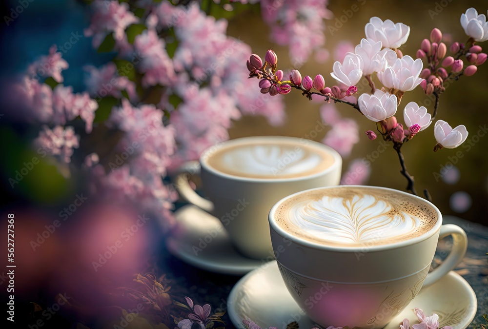 Artistic beautiful romance two cups of latte coffee or chocolate serve ...