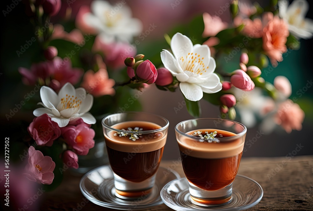 Artistic beautiful romance two cups of macchiato coffee serve with ...