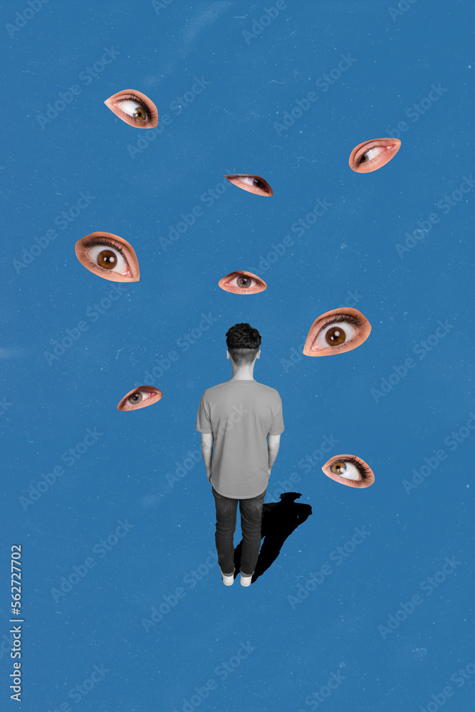Strange unusual graphics collage of rear standing guy under many eyes ...