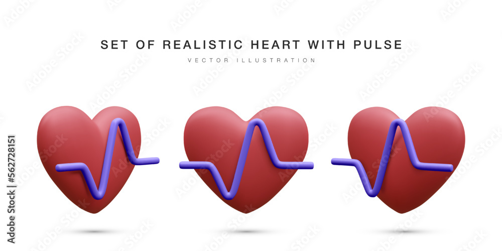 Set of 3d realistic red heart with blue pulse for medical apps and ...