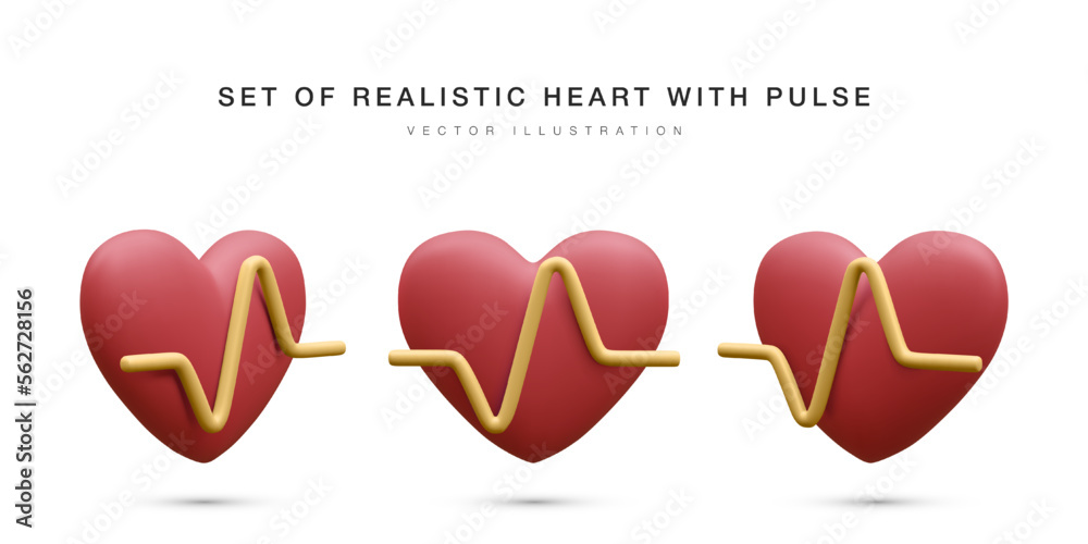 Set of 3d realistic red heart with yellow pulse for medical apps and ...