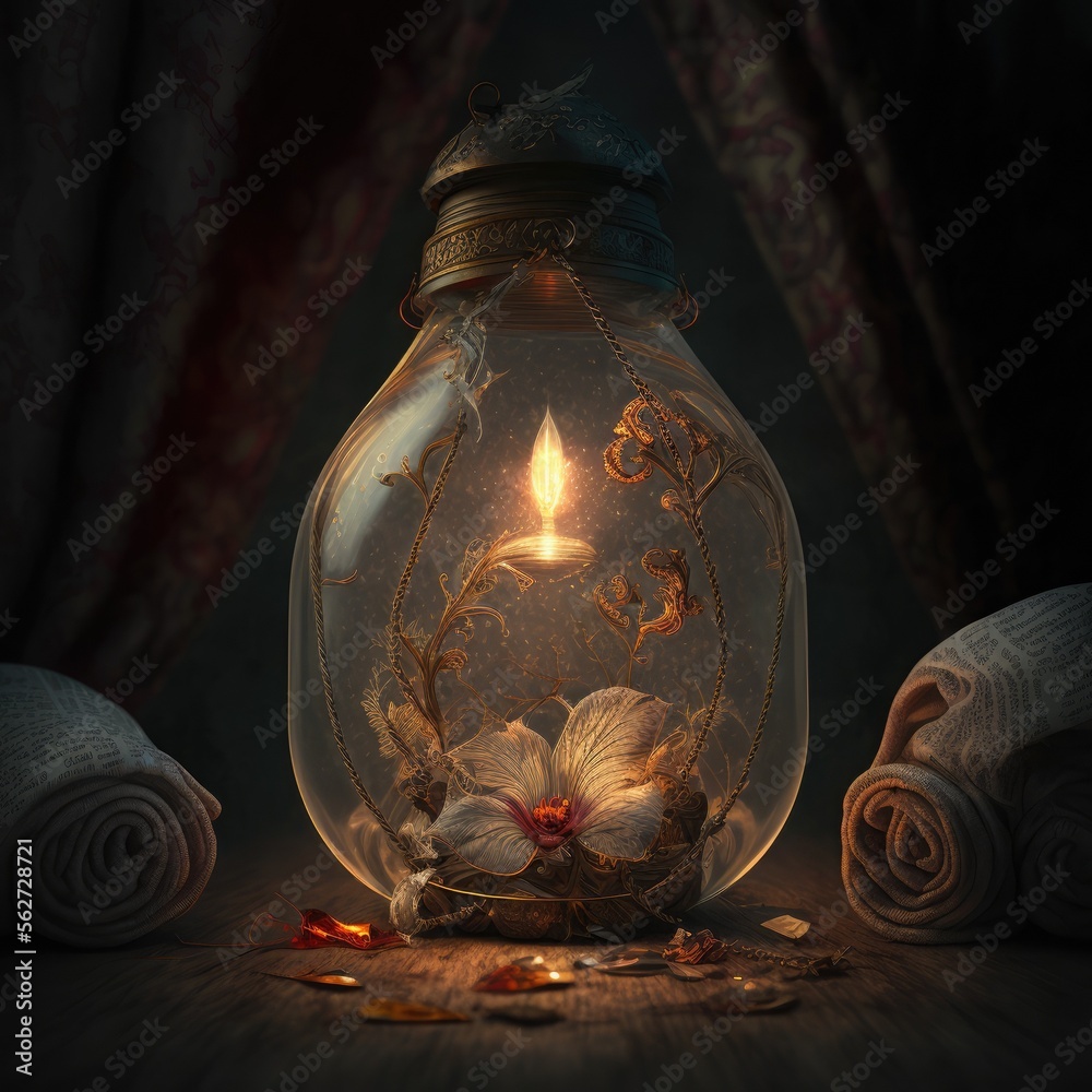 Magic glass lamp with flame, glowing in the dark. Still life with ...