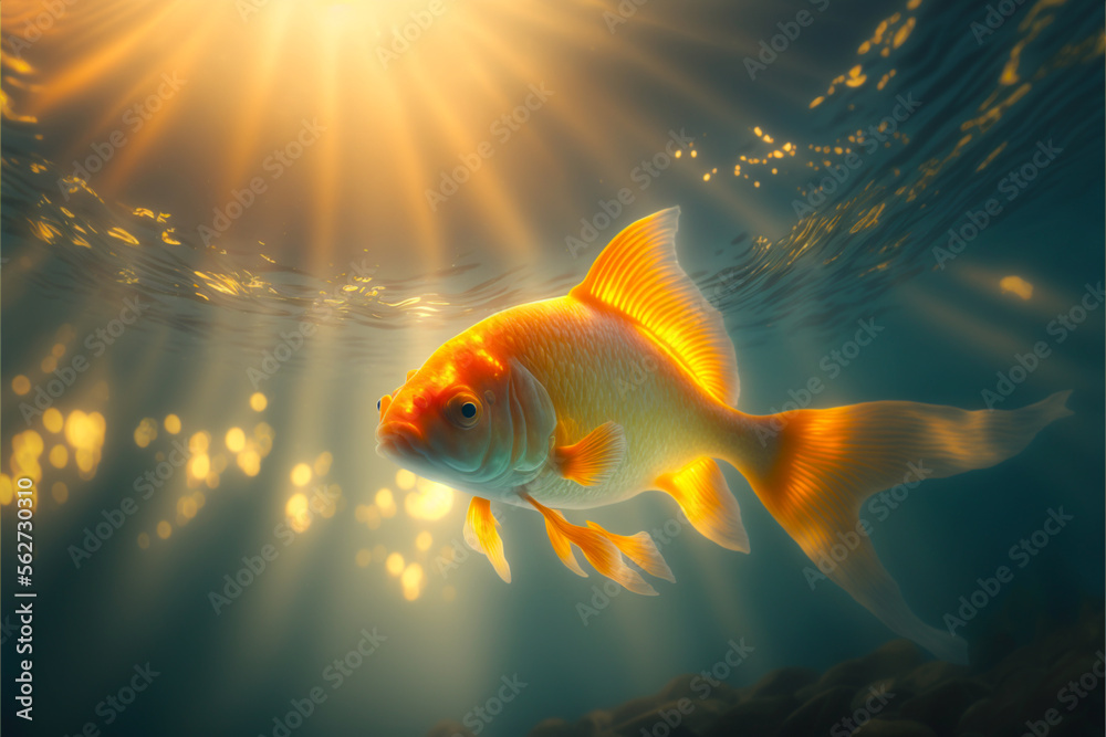 Gold fish underwater with sun rays illuminating the sea depths. Ai ...