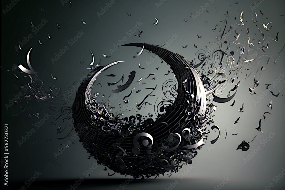 The world of music concept. Black musical notes floating in the air. Ai ...