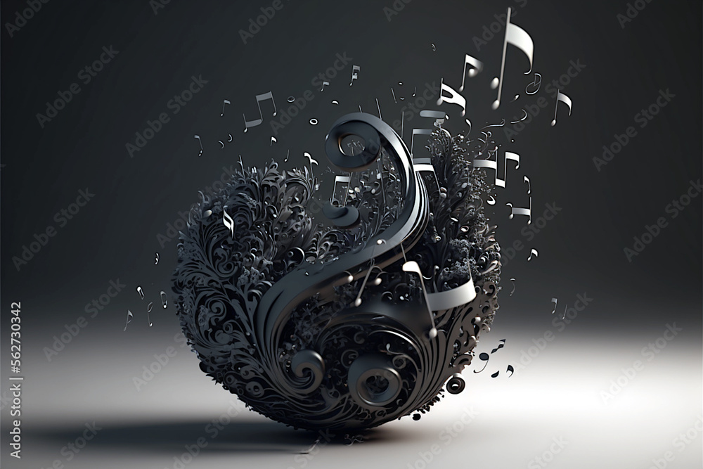 The world of music concept. Black musical notes floating in the air. Ai ...