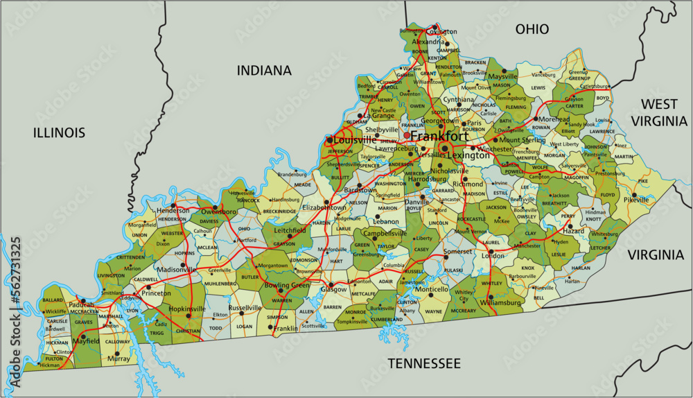 Highly detailed editable political map with separated layers. Kentucky ...