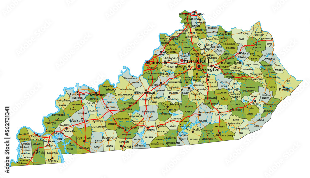 Highly detailed editable political map with separated layers. Kentucky ...