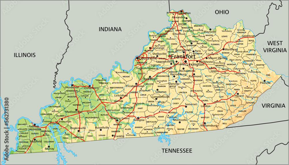 High detailed Kentucky physical map with labeling. Stock Vector | Adobe ...