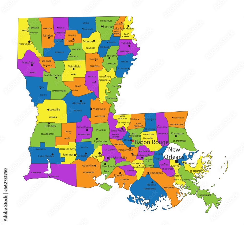 Colorful Louisiana political map with clearly labeled, separated layers ...