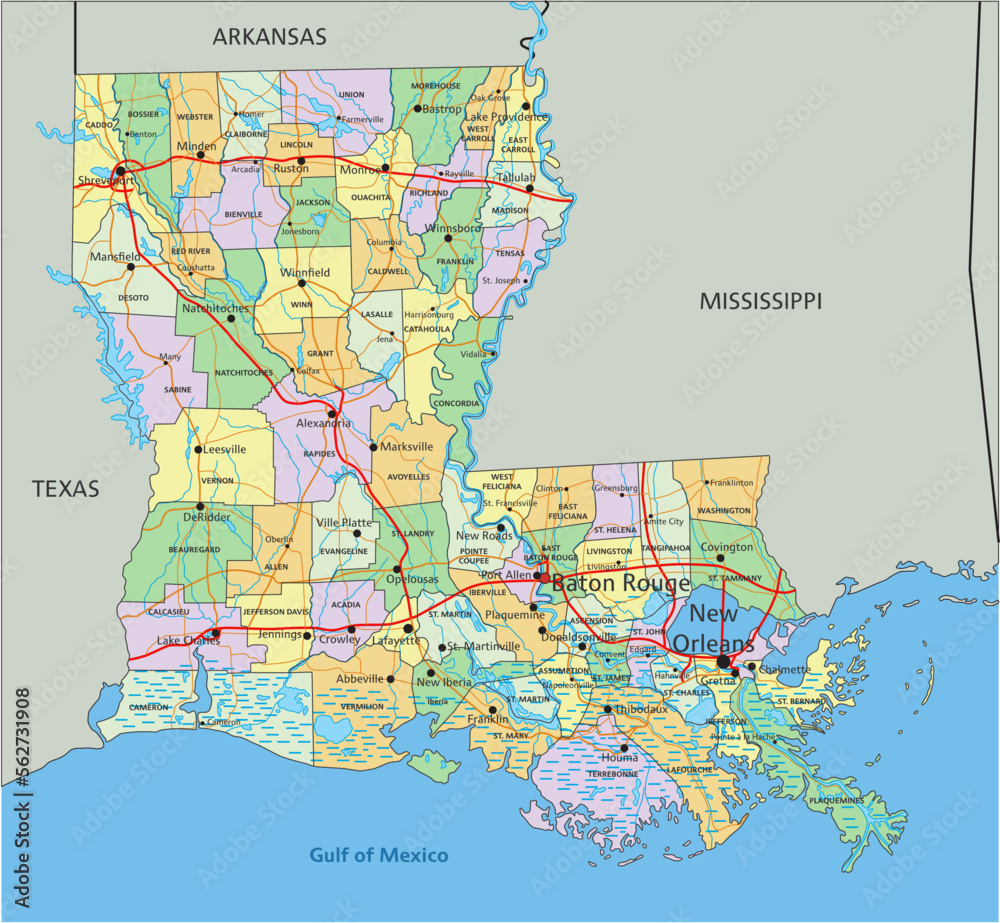 Louisiana - Highly detailed editable political map with labeling. Stock ...