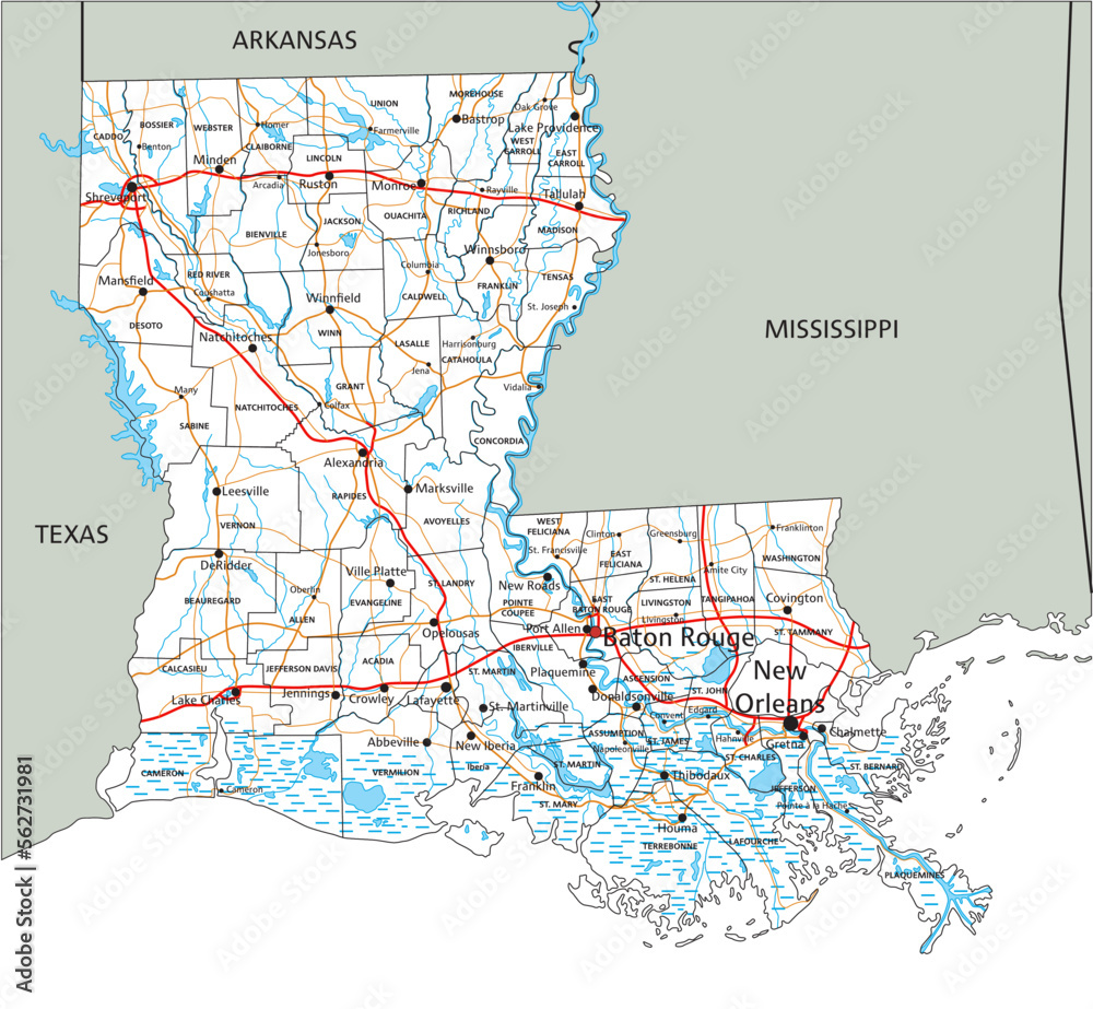 High detailed Louisiana road map with labeling. Stock Vector | Adobe Stock